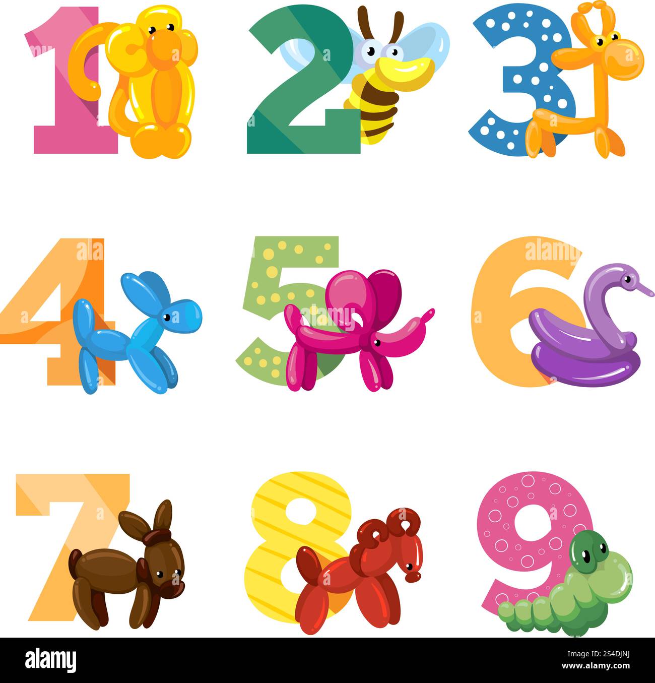 Birthday anniversary cartoon numbers with cute balloon animals for ...