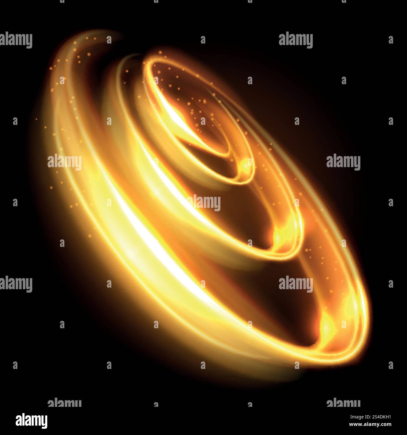 Gold light effect, yellow lighted swirl abstract vector background. Energy light round frame ...