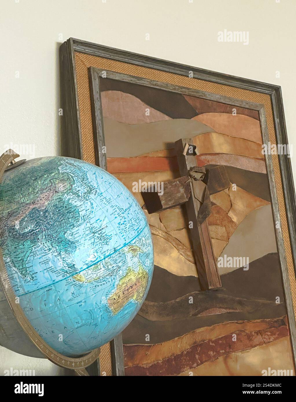 Old globe with picture art leather collage showing abstract Jesus ...