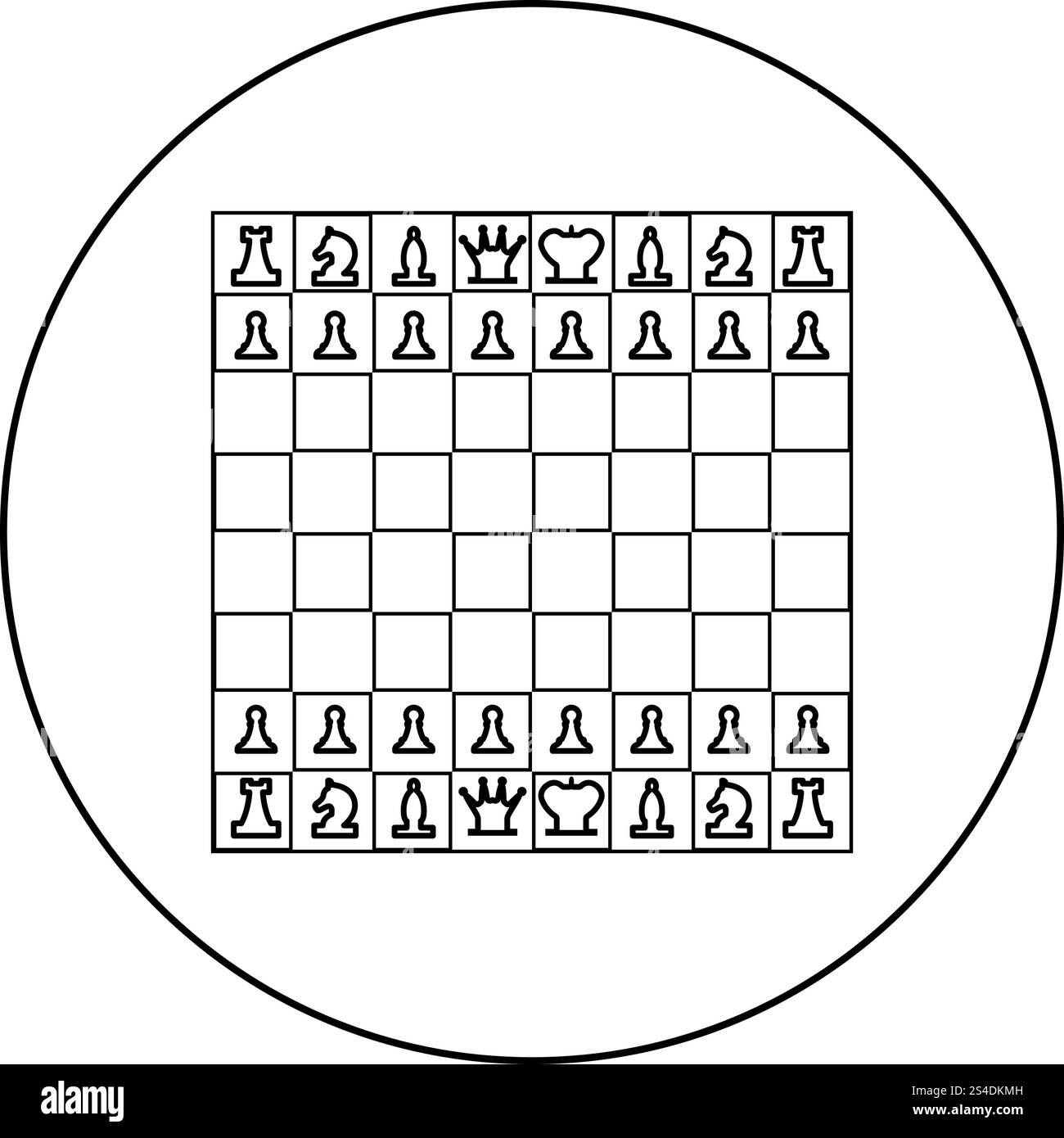 Chessboard and chess pieces line figures icon black color in round ...
