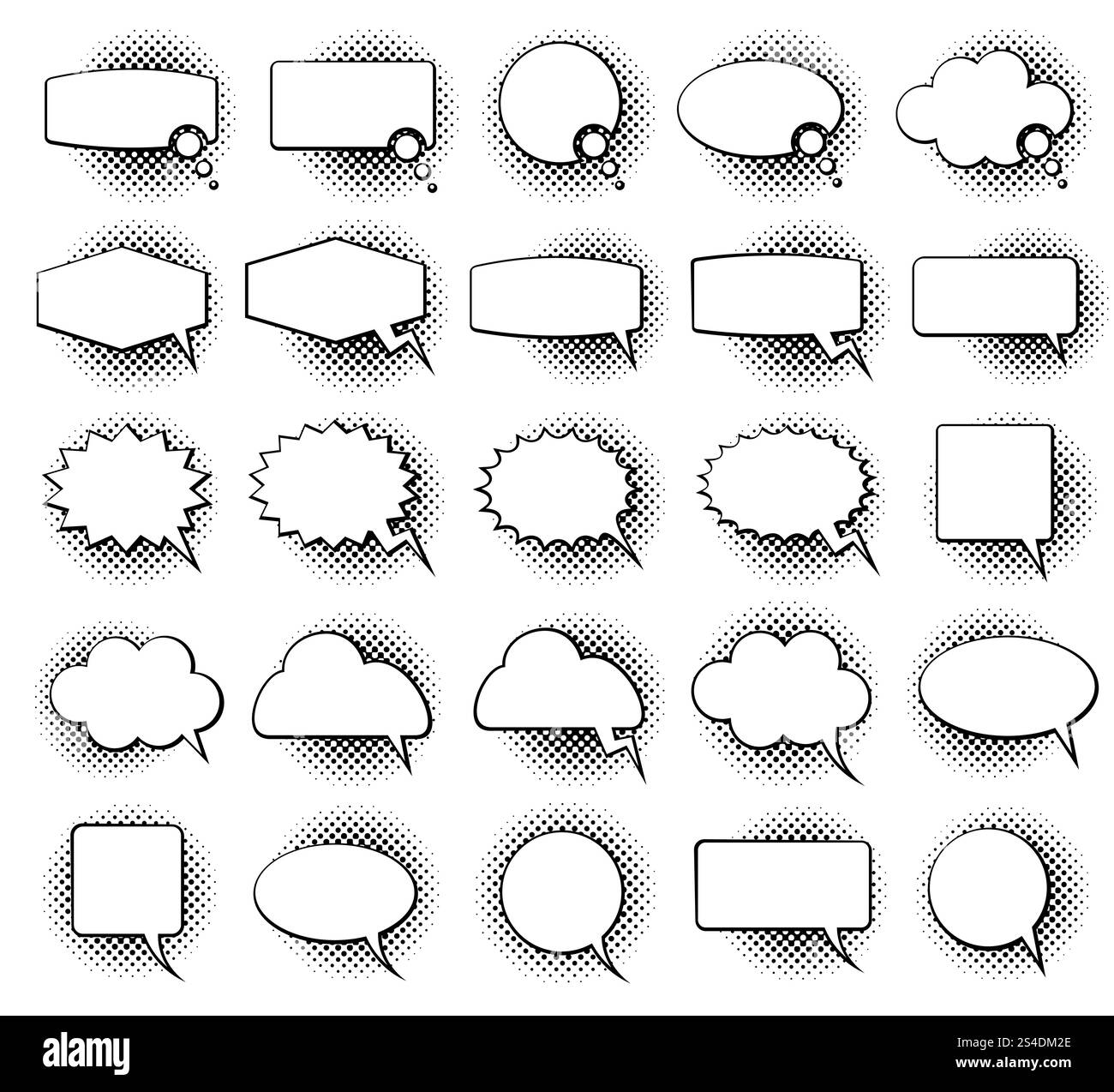 Empty monochrome speech comic text bubbles with halftone dot shadow ...