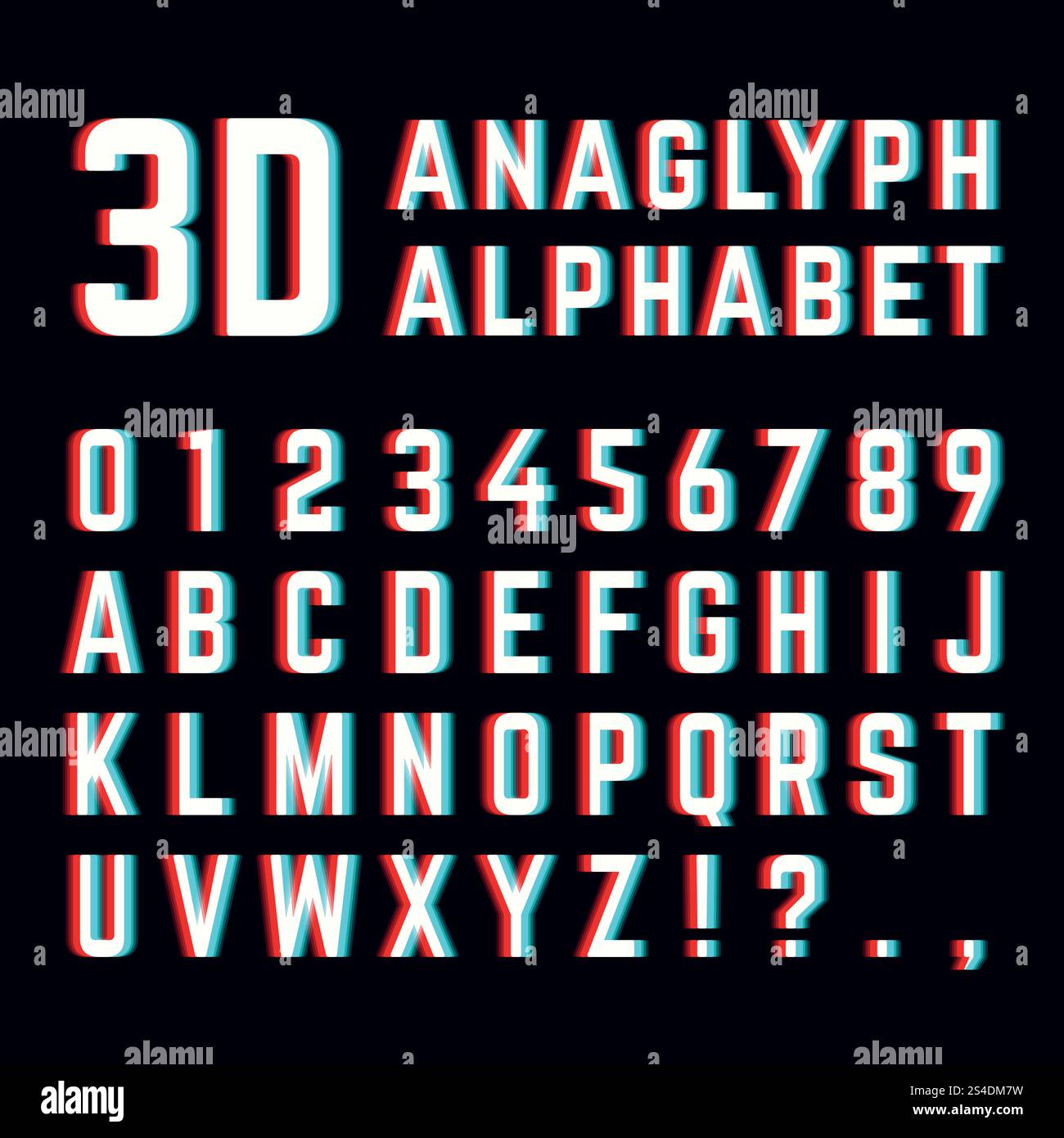 Stereoscopic distortion, 3d anaglyph font alphabet letters. Alphabet ...
