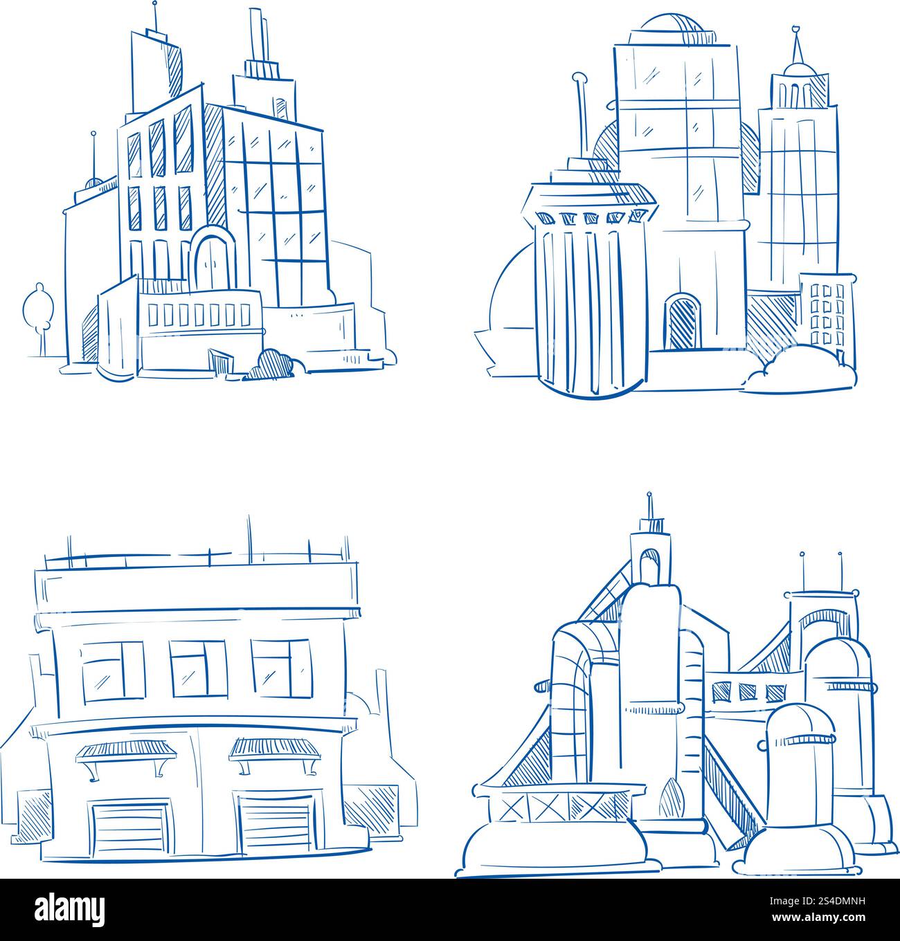 Doodle modern business office, industry factory buildings, warehouse ...