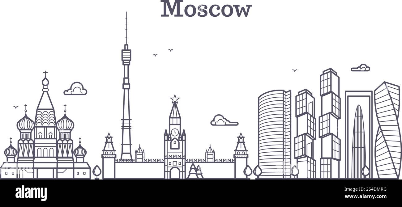 Moscow linear russia landmark, modern city skyline, vector panorama ...