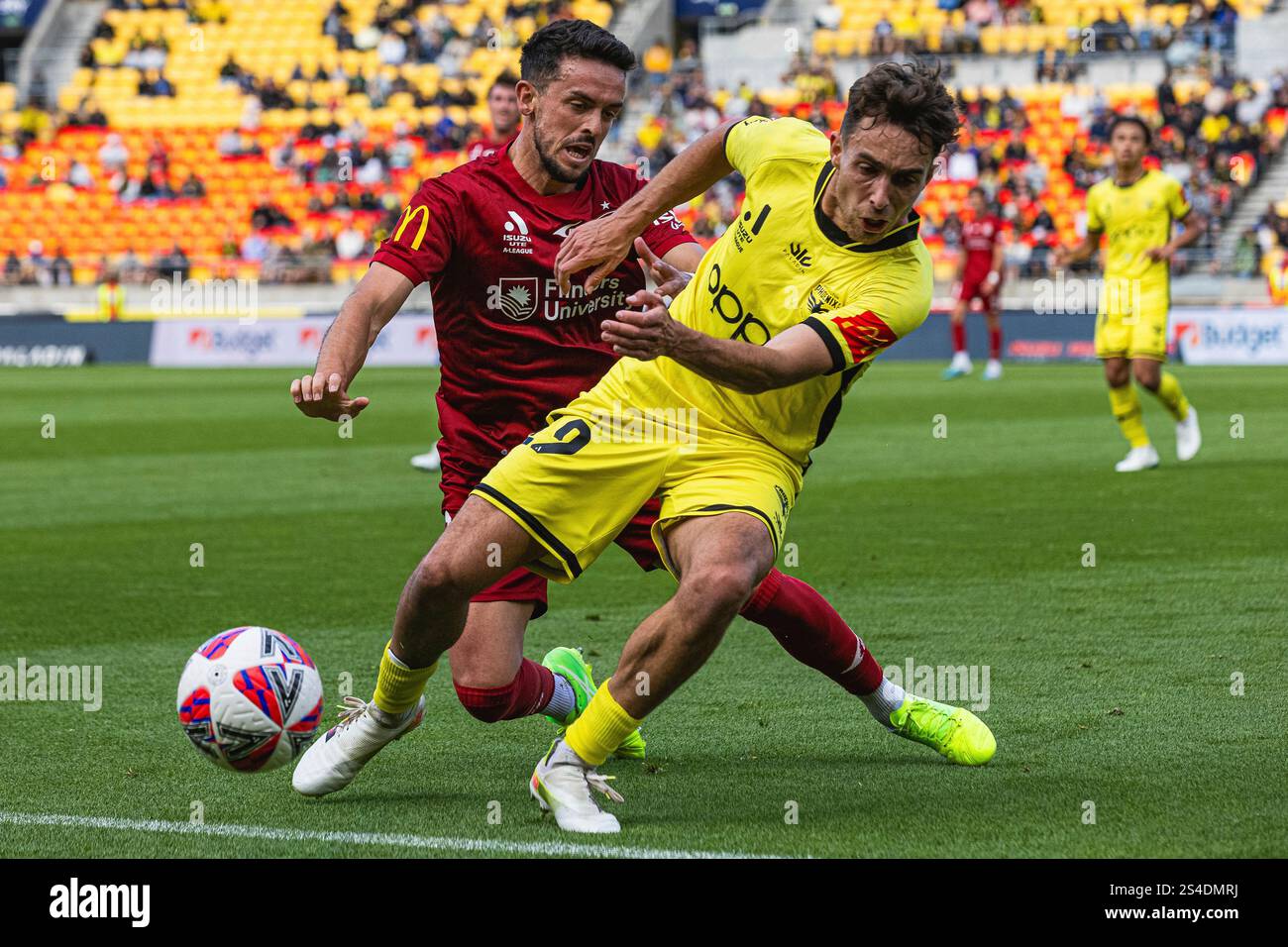 WELLINGTON, NEW ZEALAND - JANUARY 11: Zak Clough (left) of Adelaide ...