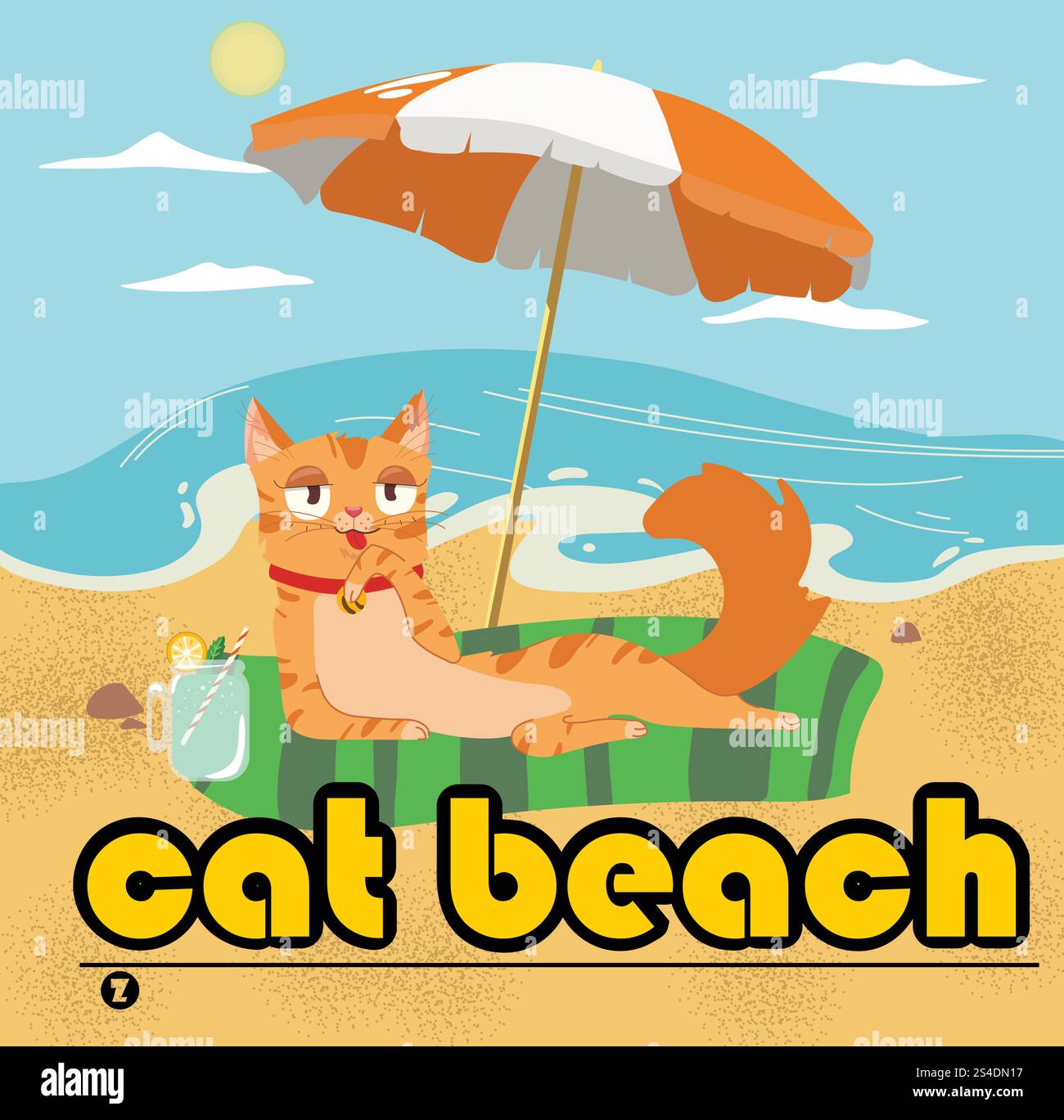 Cartoon cat relaxing on a beach towel under an umbrella with a drink ...