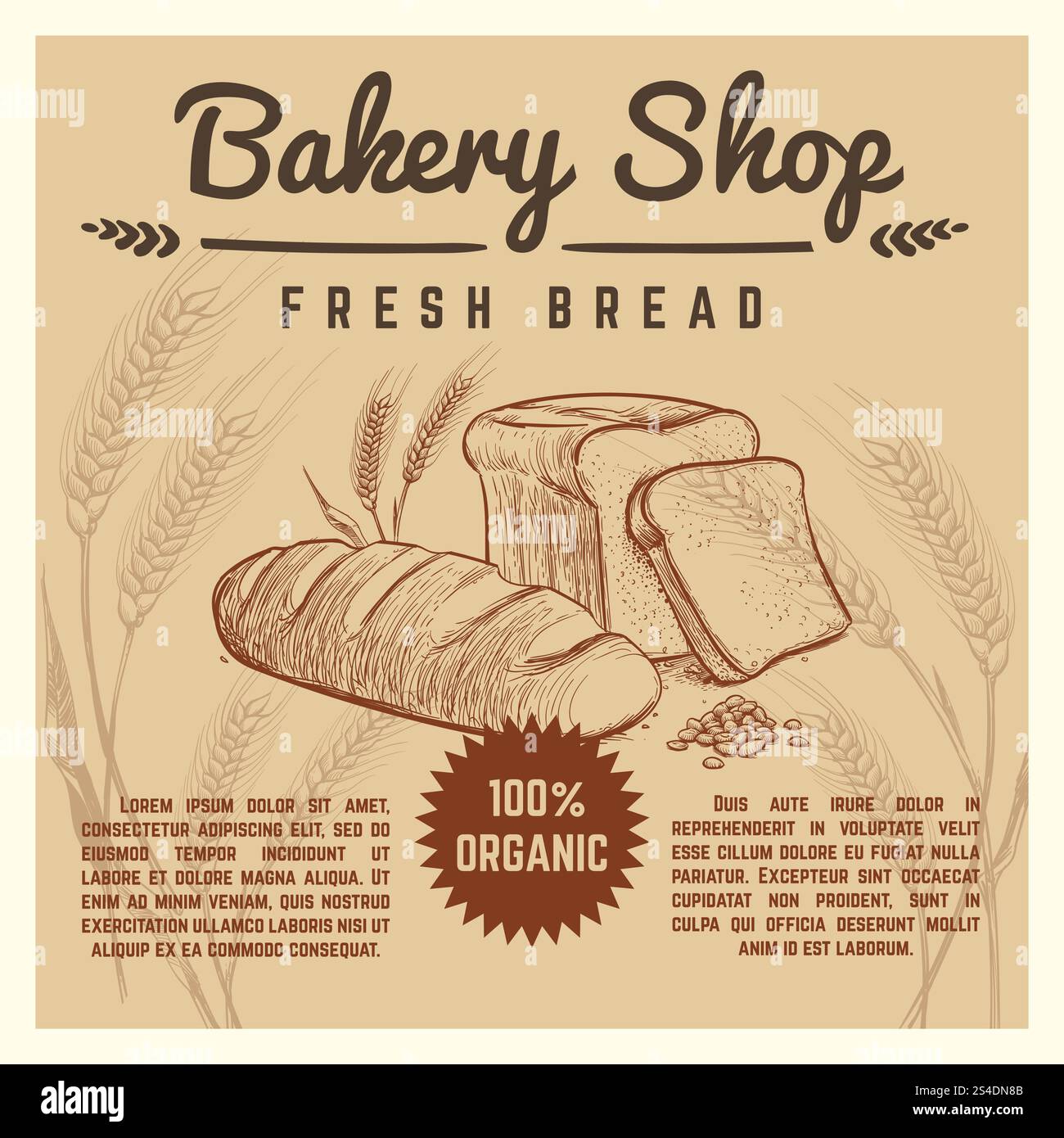 Bakery shop vector retro poster with hand drawn ears of wheat. Fresh ...