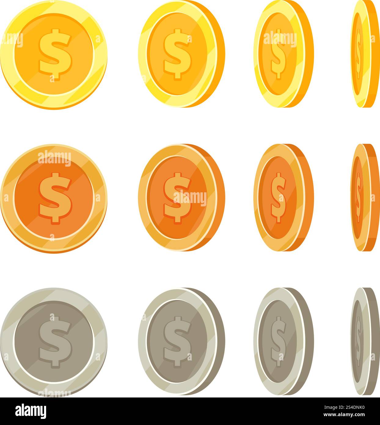 Cartoon golden coins in different positions, gold coin flip vector set ...