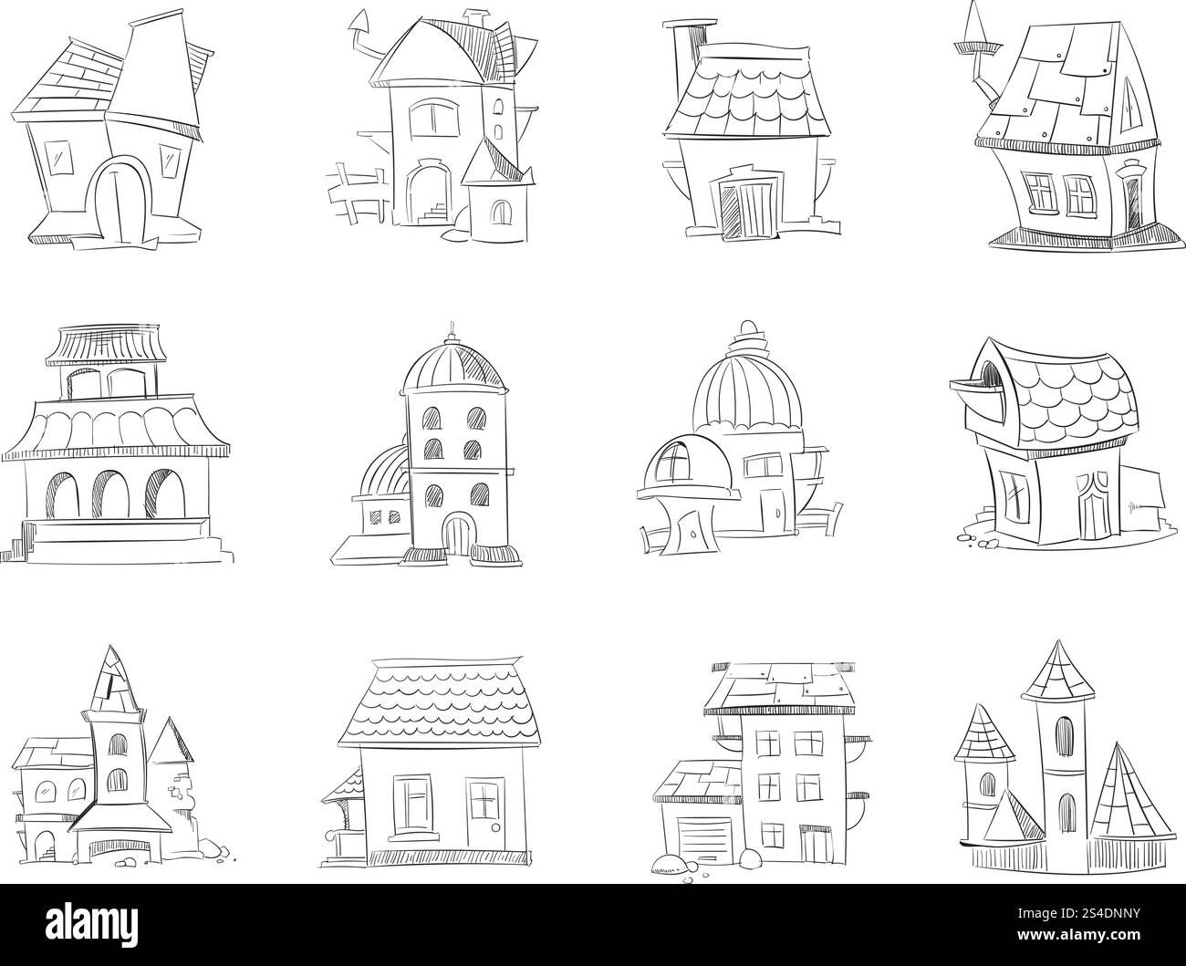 Hand drawn cartoon different houses, buildings. Line sketch, doodle ...