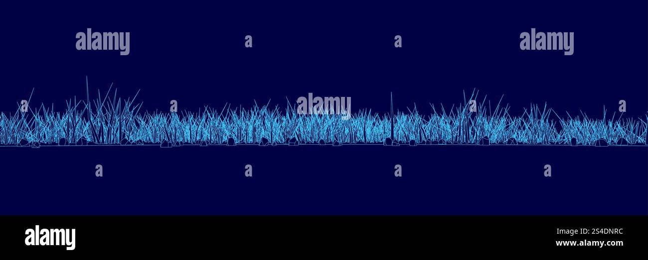 Blue background with a long line of grass. The grass is in different ...