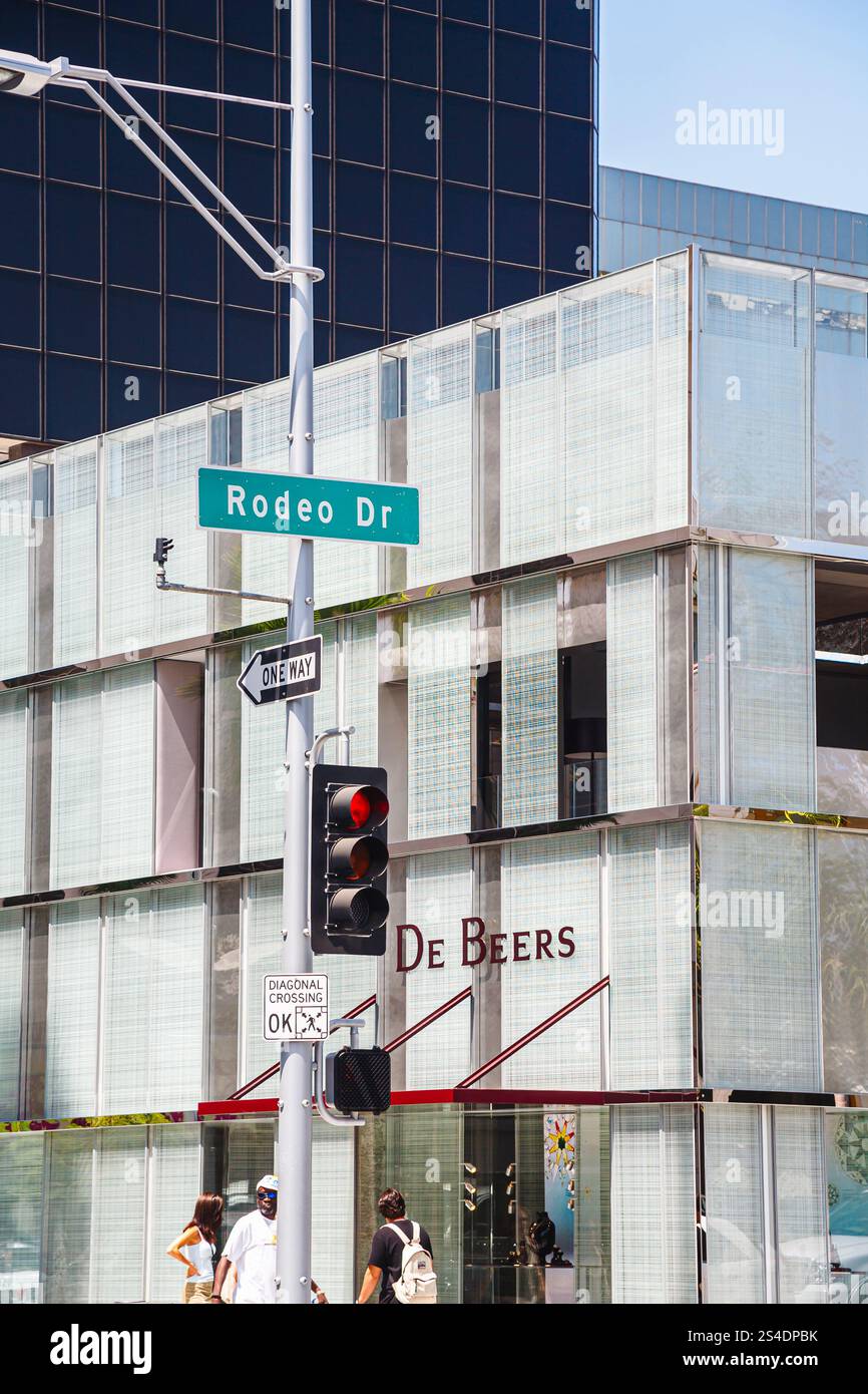Road name sign of the iconic Rodeo Drive outside De Beers store in ...
