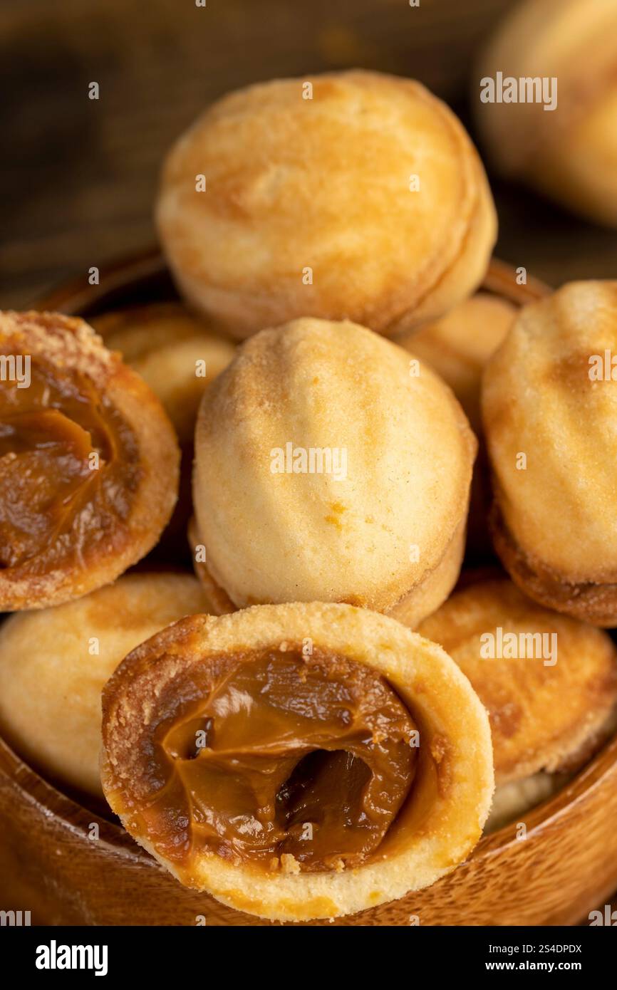 nuts with condensed milk close up, shortbread dessert with boiled ...