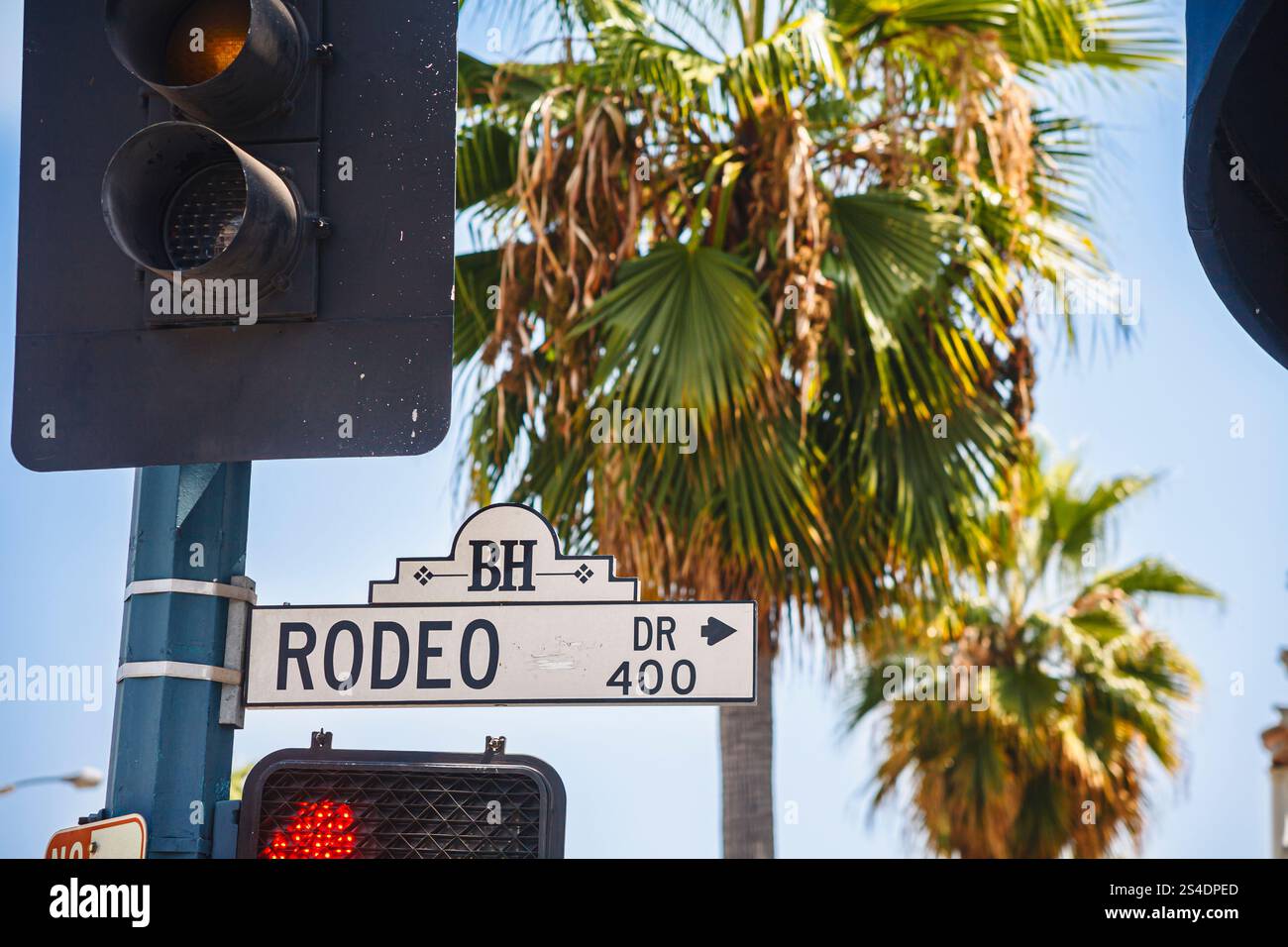 Road name sign of the iconic Rodeo Drive in Beverley Hills, Los Angeles ...