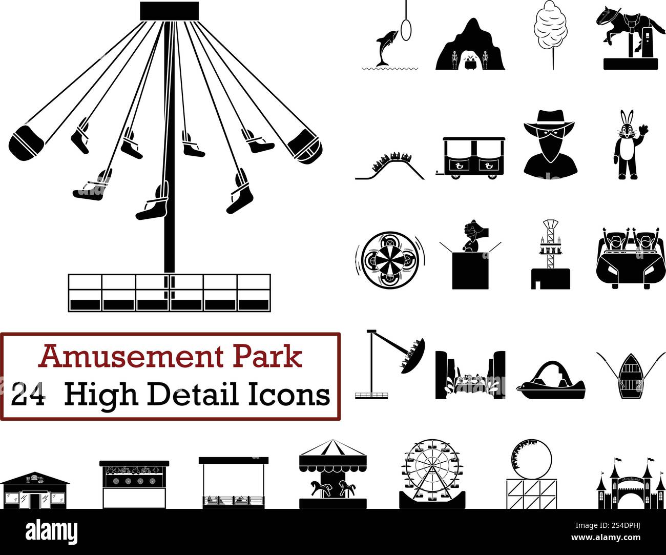 Set of 24 Amusement Park Icons. Monochrome color design. Vector ...