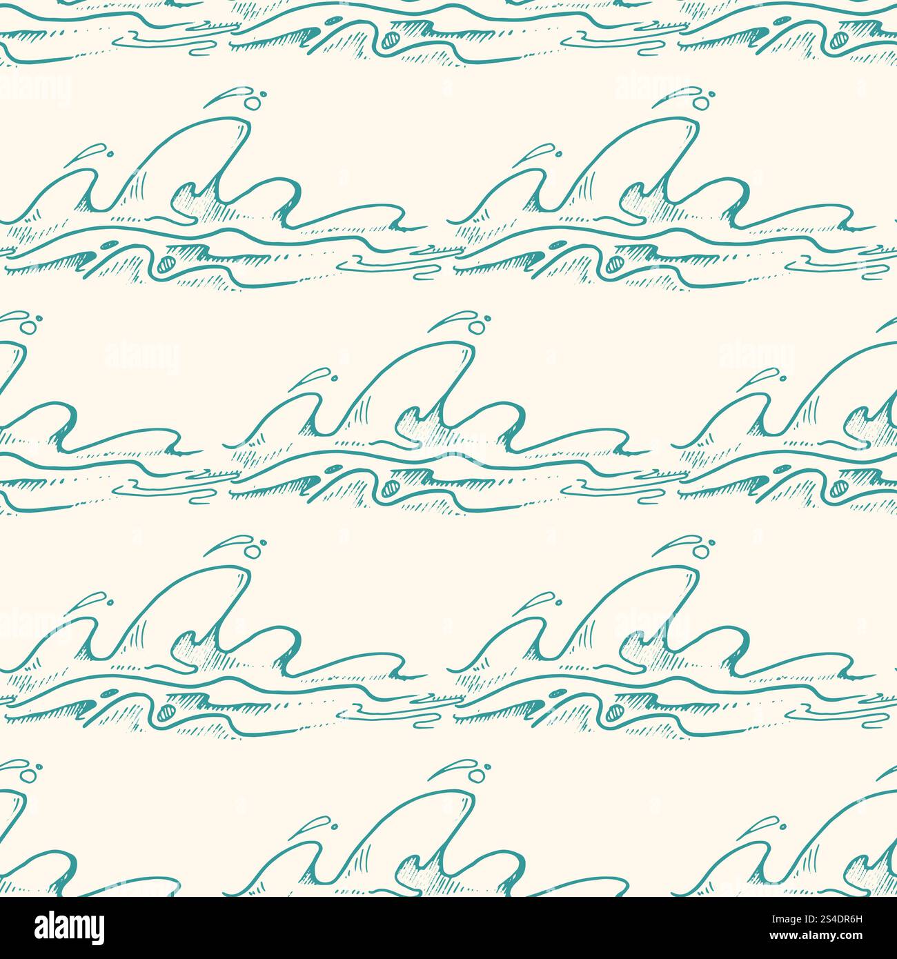 Green hand drawn waves vector seamless pattern. Background with sea ...