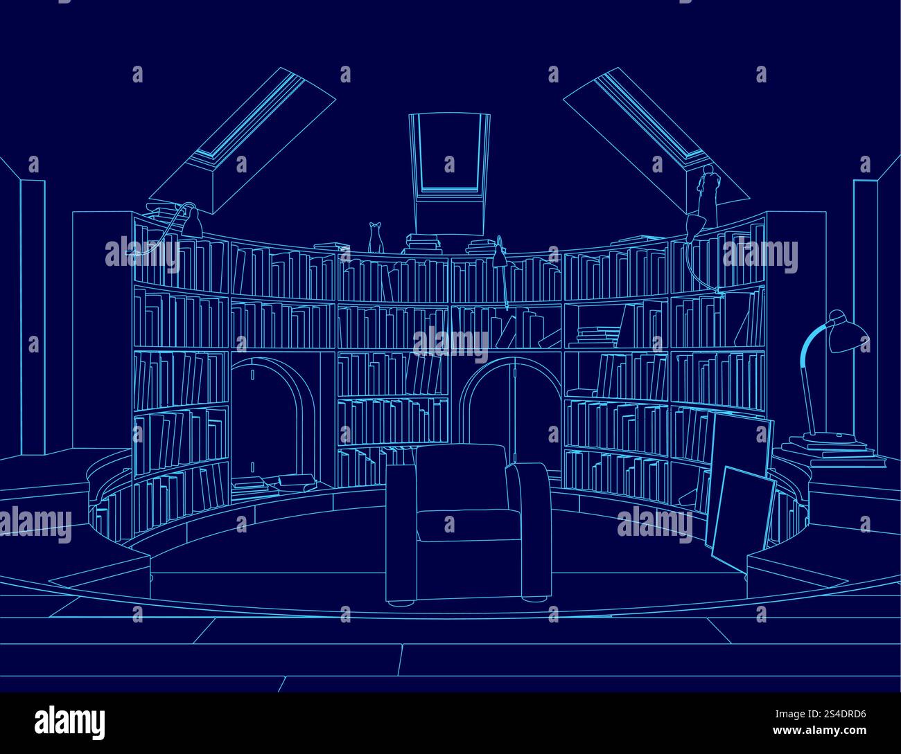 Blue drawing of a library with a fireplace and a chair. The room is ...