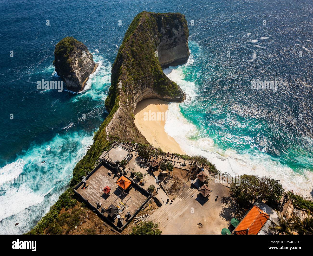 Drone shot of the "T-Rex" cliffs and beach at Kelingking on Nusa Penida ...