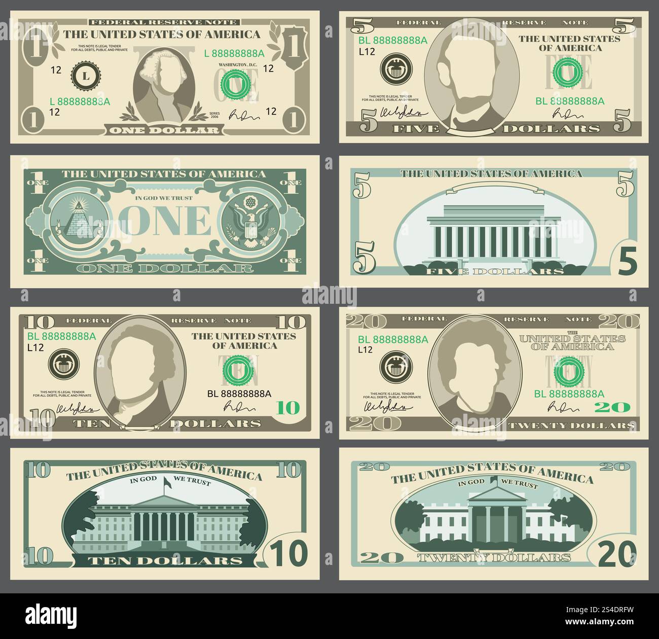 Dollar banknotes, us currency money bills vector set. Templates of ...