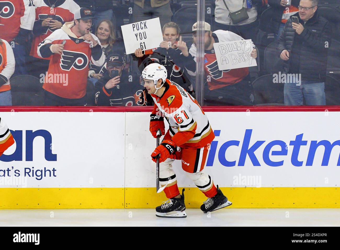 Anaheim Ducks' Cutter Gauthier skates during warm-ups prior to an NHL ...