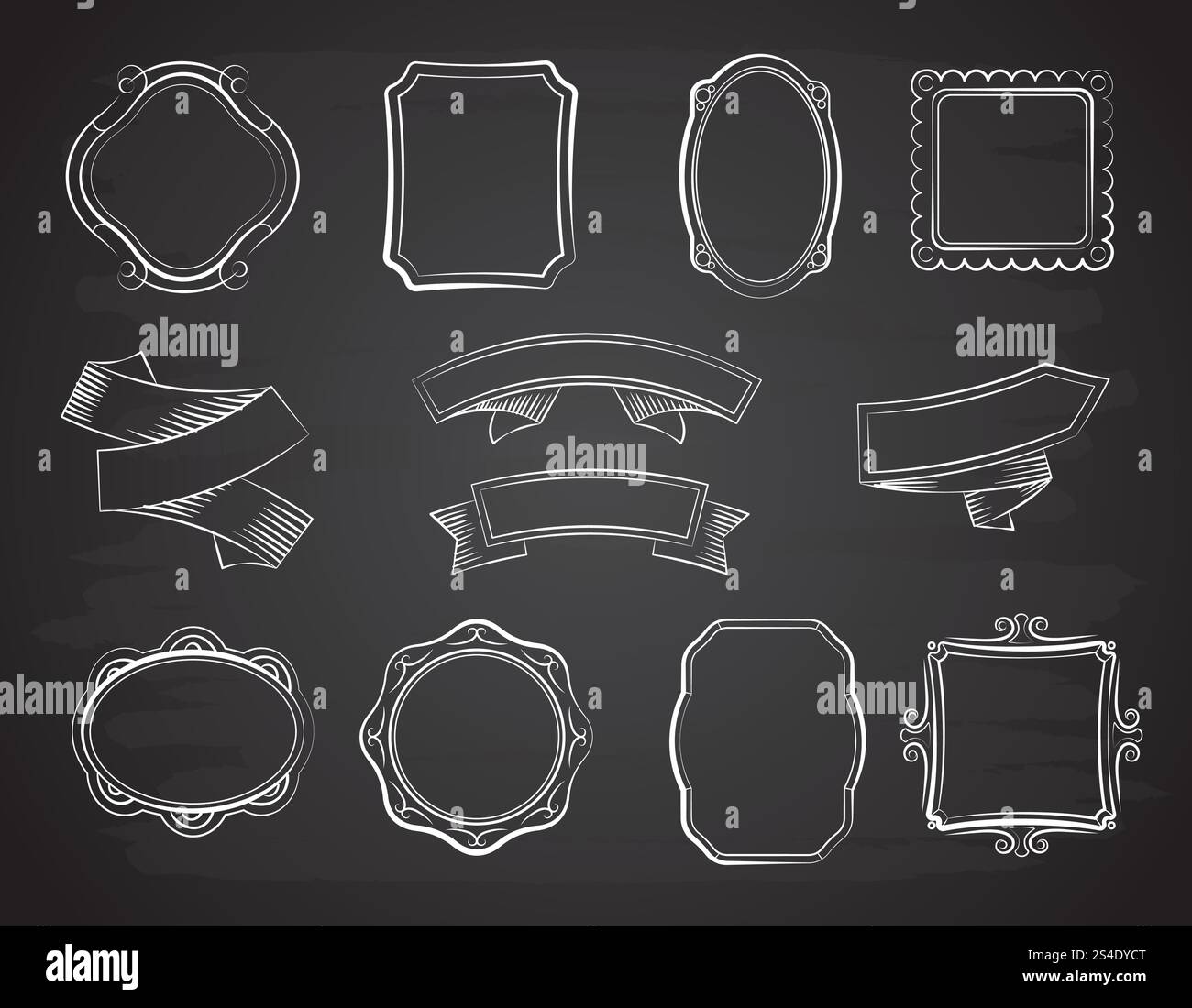 Vintage chalkboard hand drawn ribbon banners, picture frames and labels ...