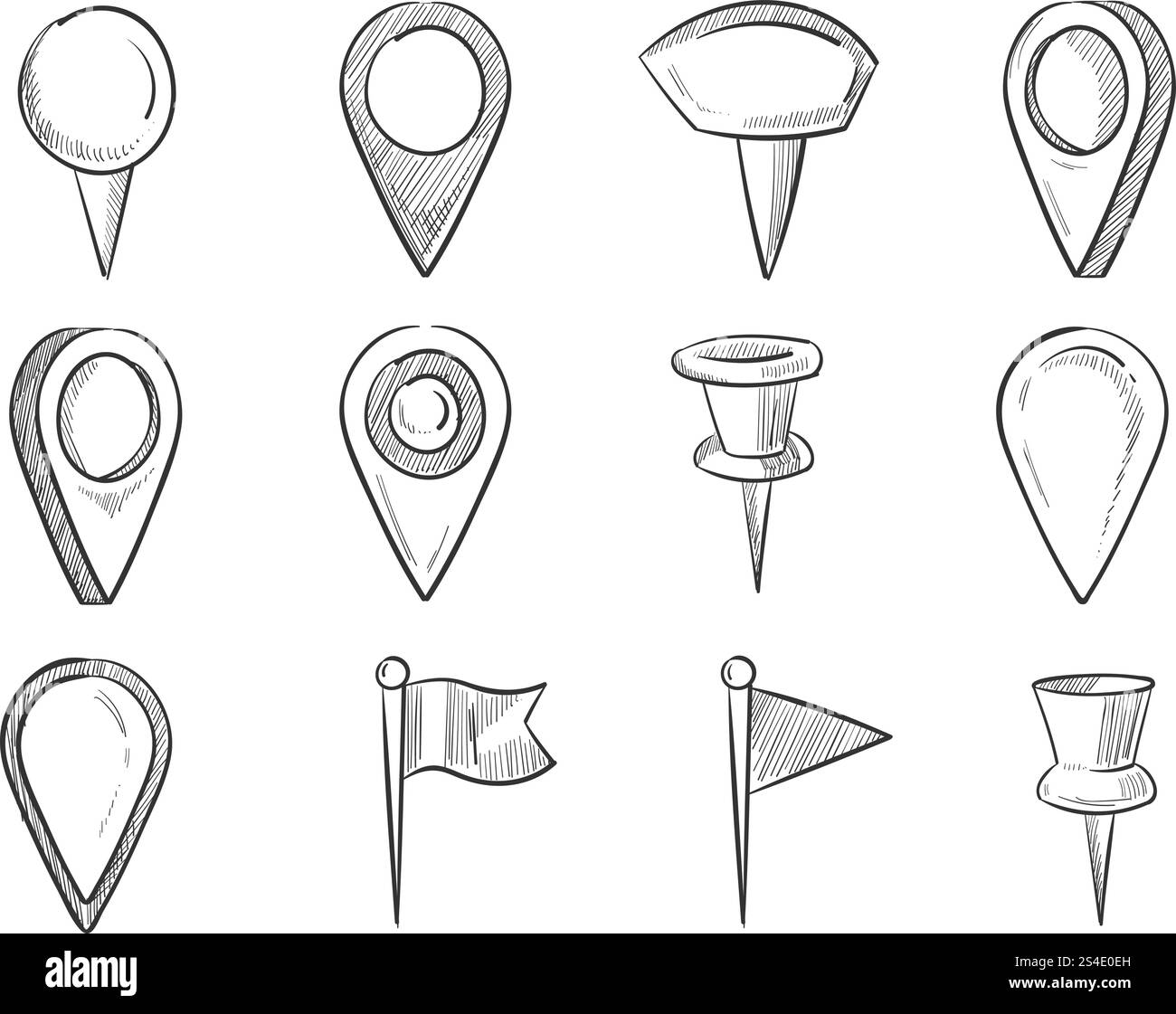 Hand drawn map pointers, doodle navigation pins vector set. Marker pin drawing, illustration of ...