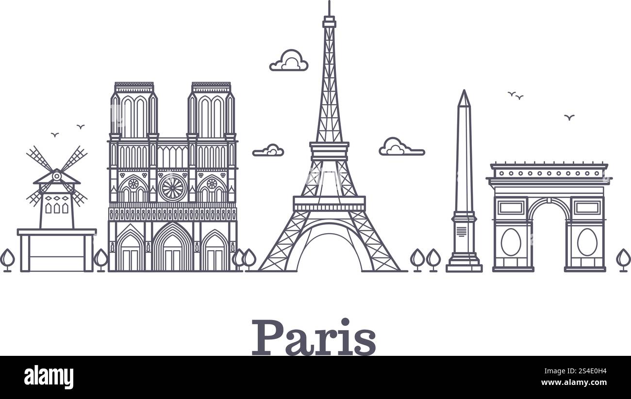 French architecture, paris panorama city skyline vector outline ...