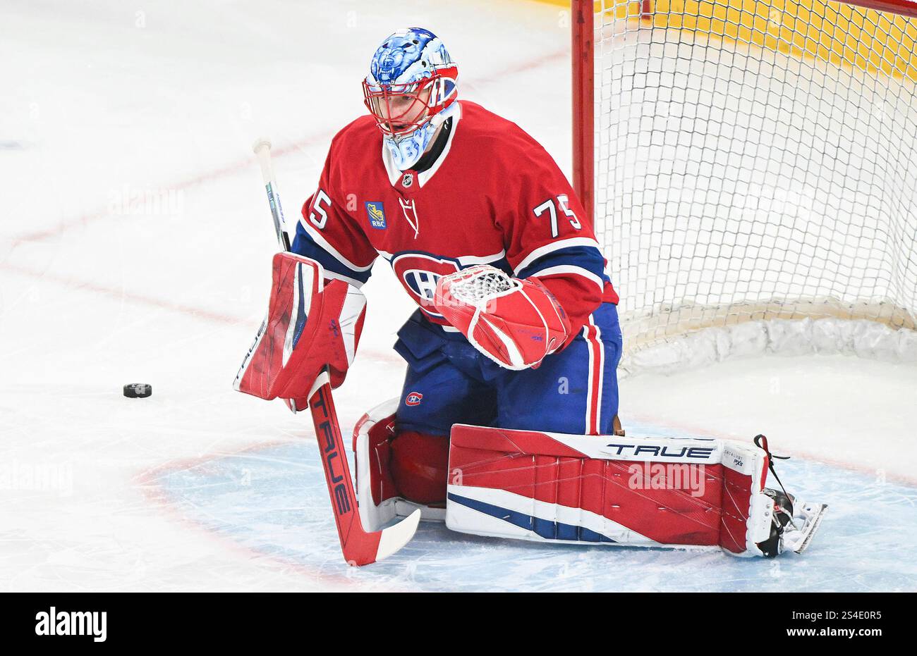 Montreal Canadiens goaltender Jakub Dobes looks on during warmups ahead ...