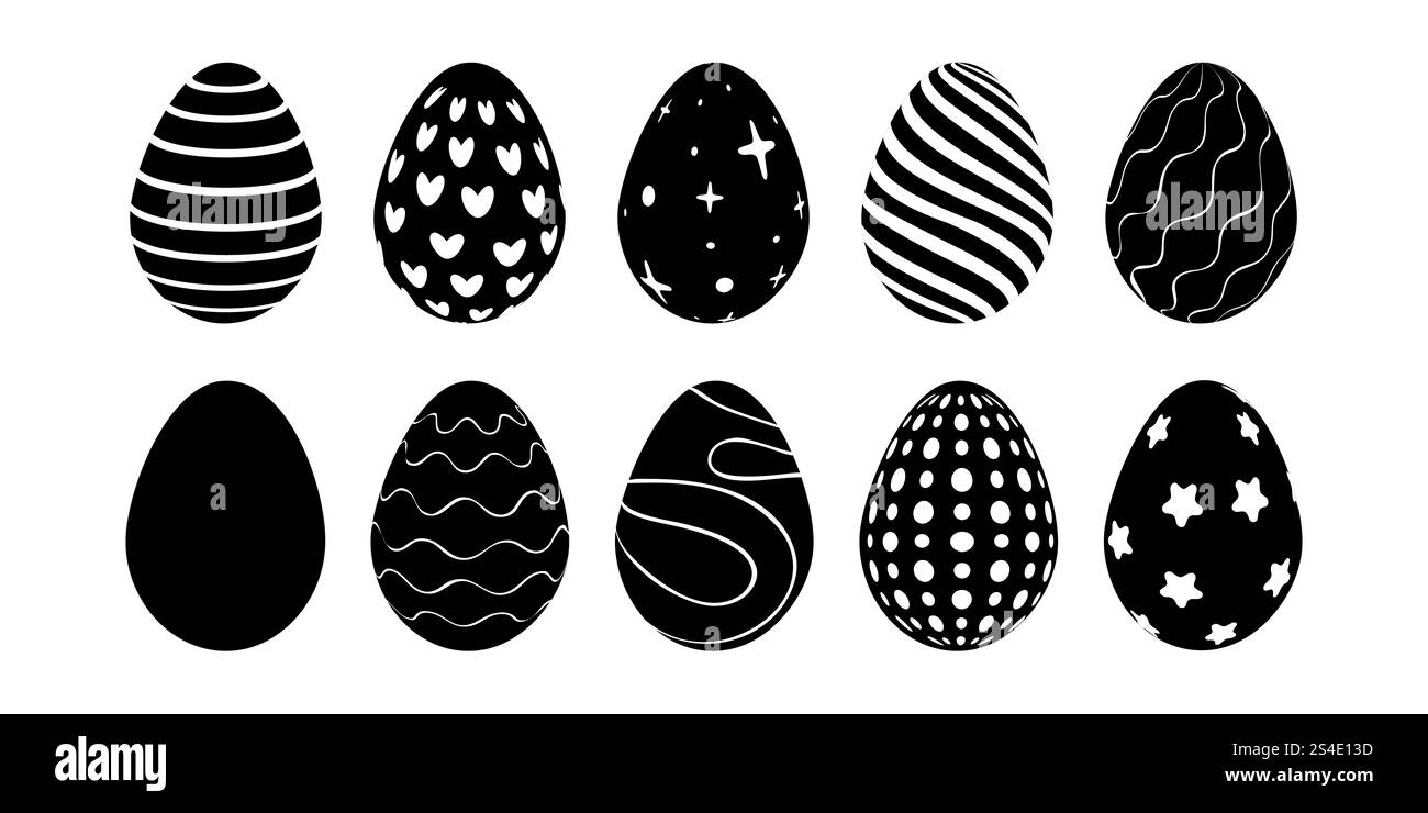 Black and white silhouettes, Easter eggs with various patterns, vector ...
