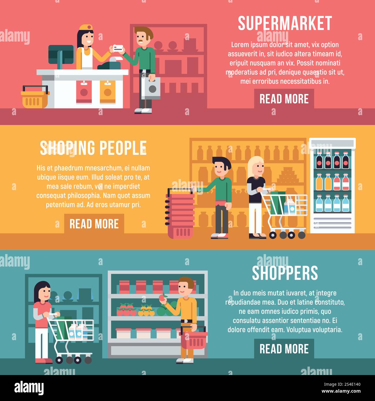 Shopping people, shoppers, family in supermarket flat retail banners ...