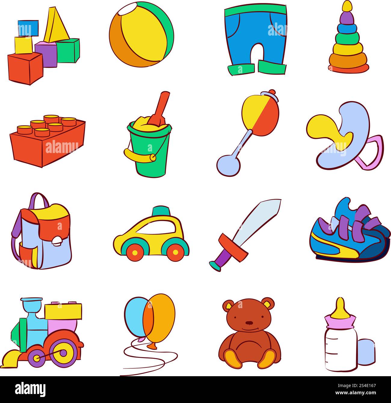 Hand drawn cartoon baby toys vector set. Childish toy car and pyramid ...