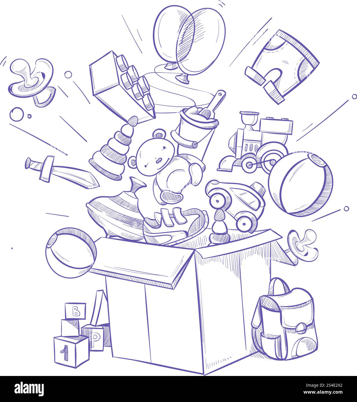 Doodle shopping box with lot of childrens toy and purchases. hand drawn ...