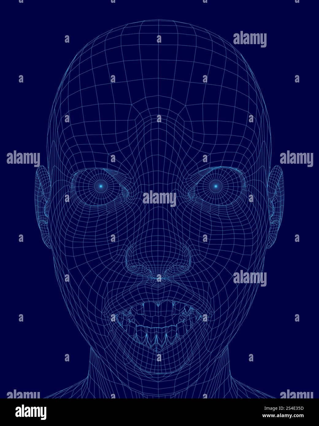 Blue face with a mouth open and eyes wide. The face. Scene is eerie and ...