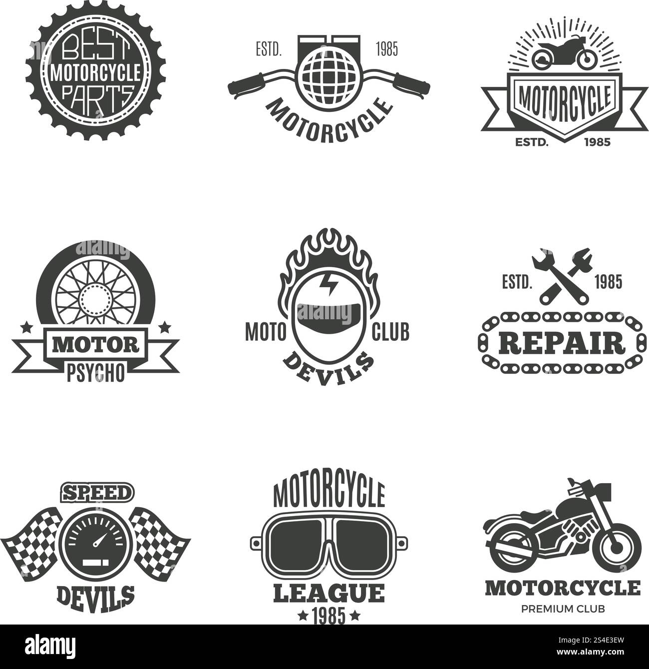 Race, motorcycle, motorbike repair vector retro labels, logo, badges ...