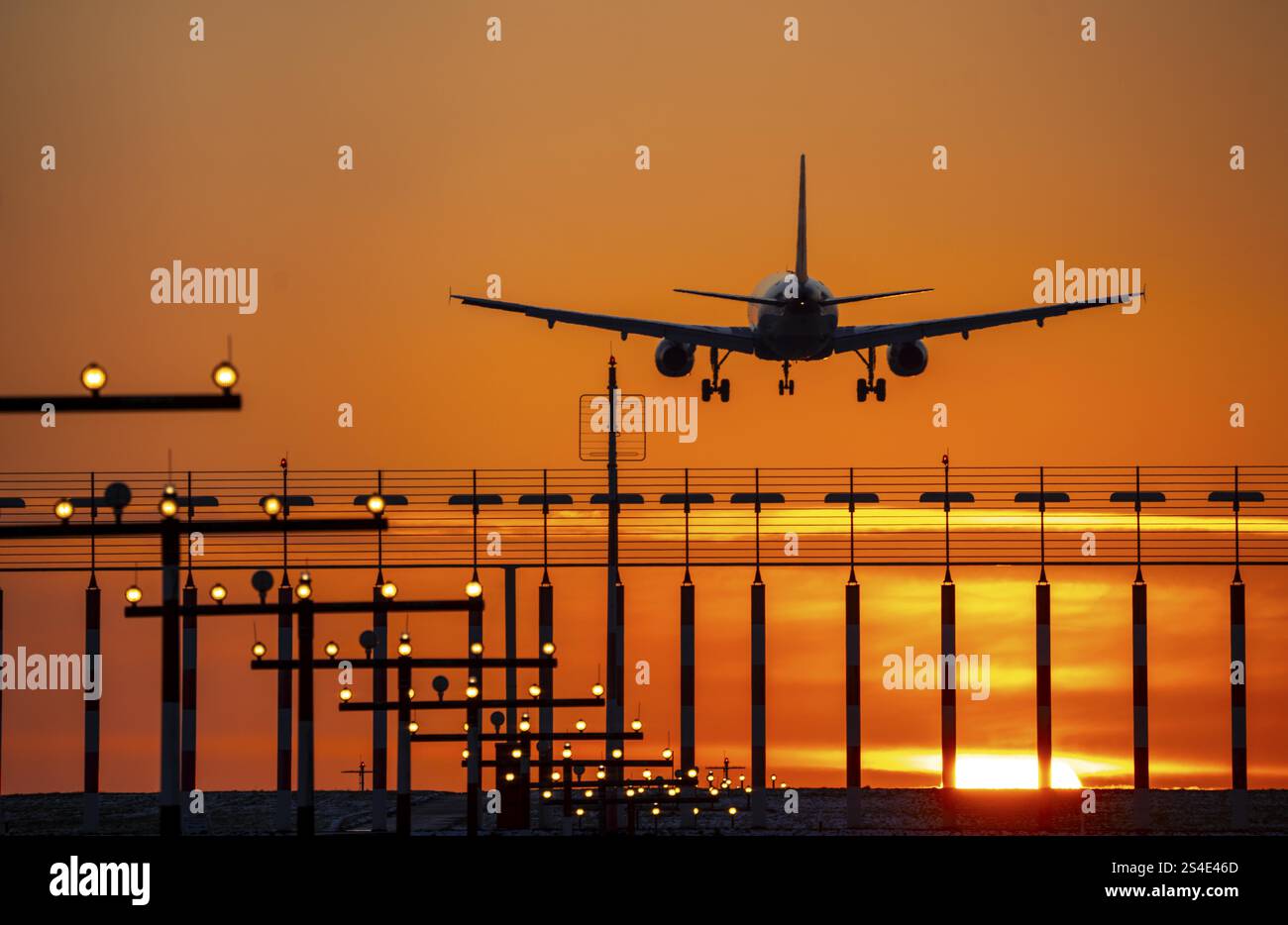 Aircraft approaching the main runway south, 05R/23L, runway lighting ...