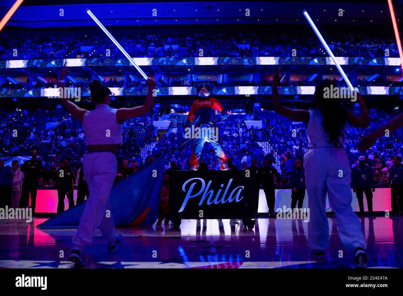 Philadelphia 76ers mascot Franklin, center, gets ready for player ...