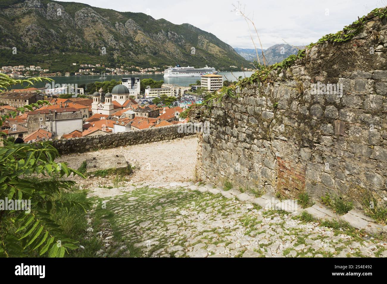 High angle view of walled mountainside walking trail and old stone wall ...