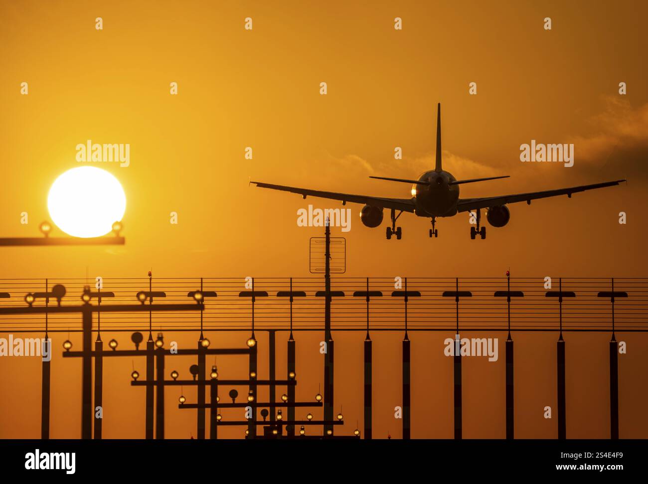 Aircraft approaching the main runway south, 05R/23L, runway lighting ...