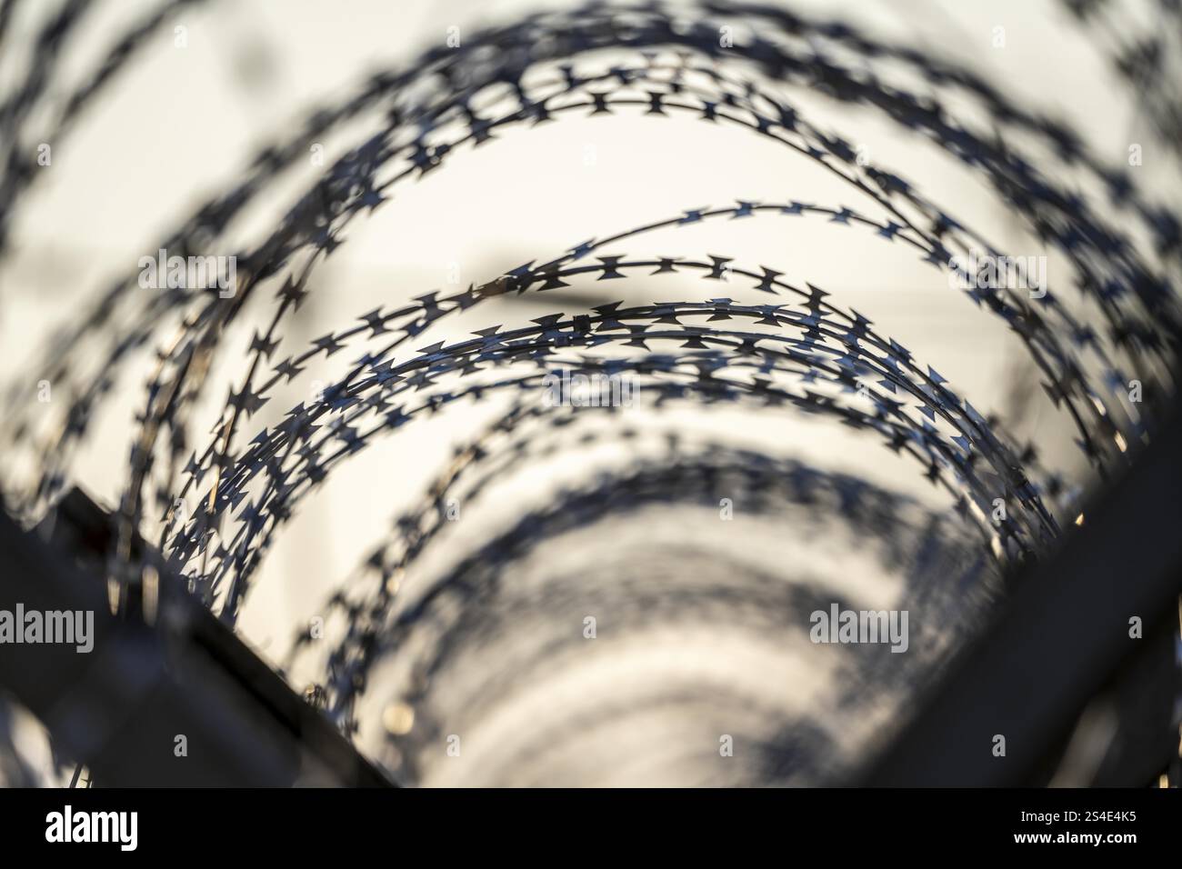 Symbolic image security, S-wire rolls, NATO wire, on a fence top ...