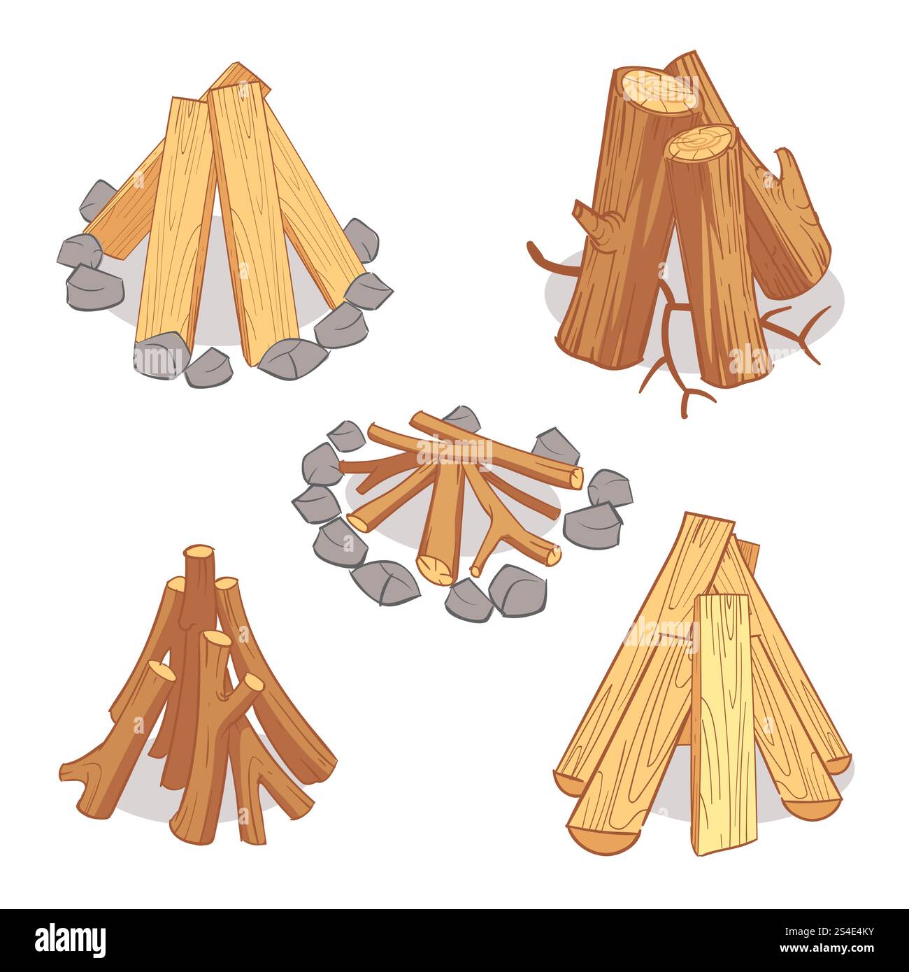 Wood stacks and hardwood firewood, wooden logs cartoon vector set ...
