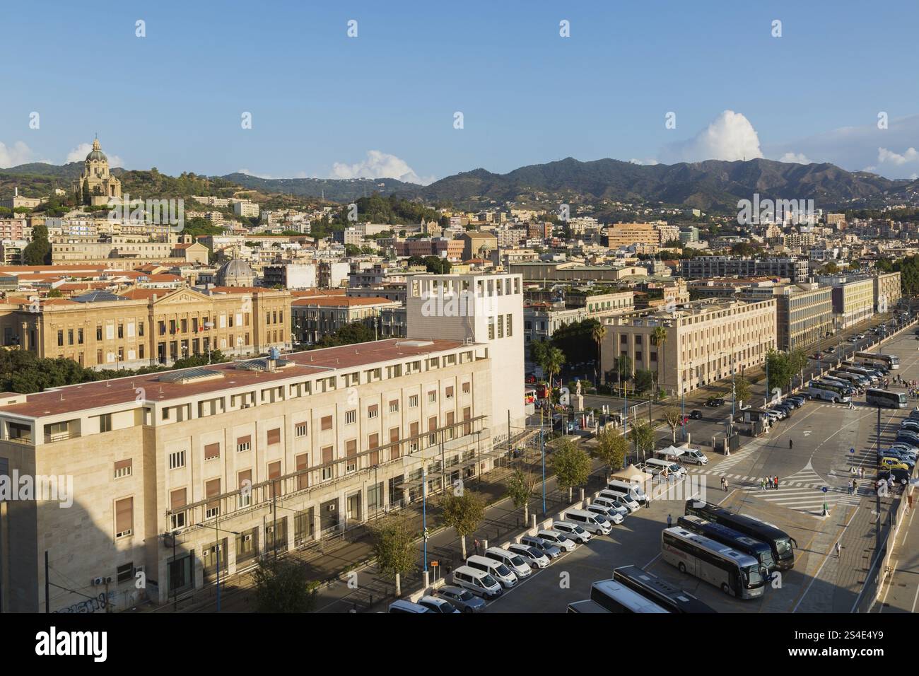High angle view of parking lot with parked sightseeing and tour buses ...