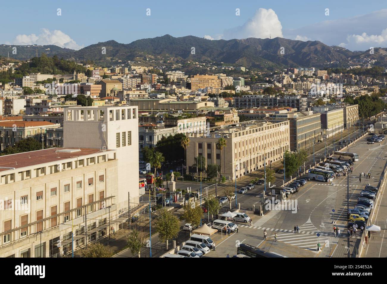 High angle view of parking lot with parked sightseeing and tour buses ...