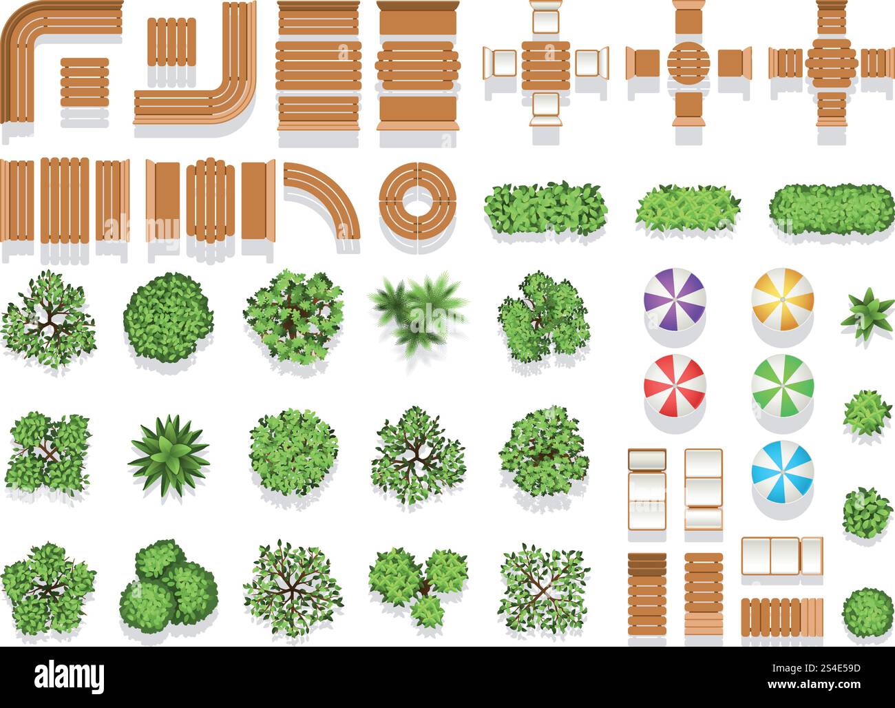 Top view landscaping architecture city park plan vector symbols, wooden ...