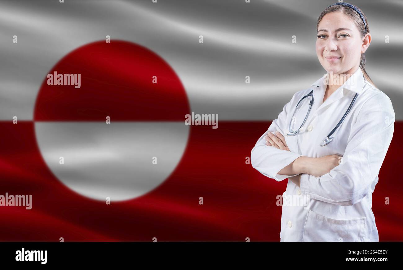 Female doctor on Greenland flag. Doctor with crossed arms on Greenland ...