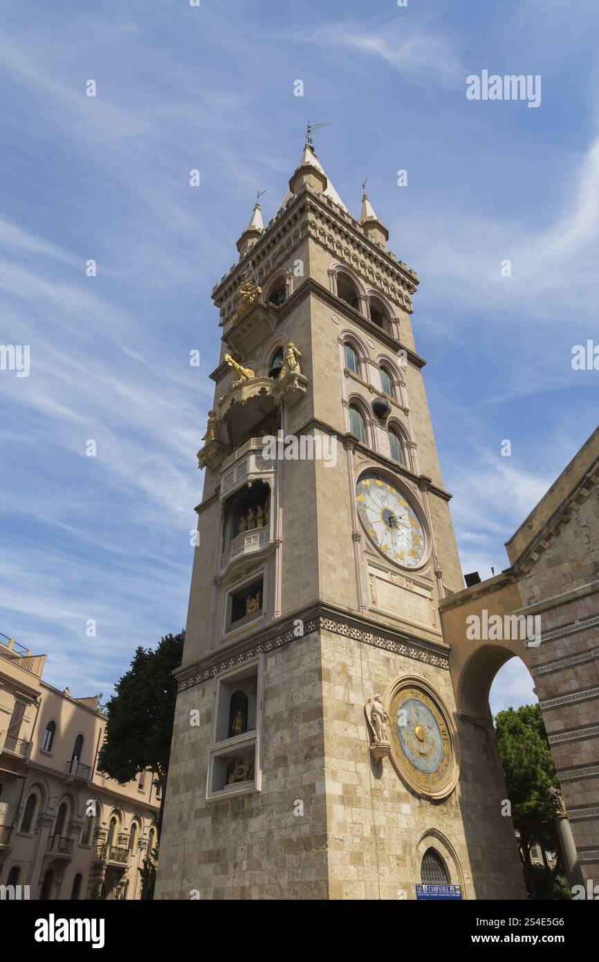 The bell tower of the Cathedral of Messina adorned with moving golden ...