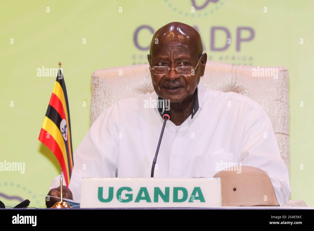 (250112) -- KAMPALA, Jan. 12, 2025 (Xinhua) -- Ugandan President Yoweri Museveni speaks during ...
