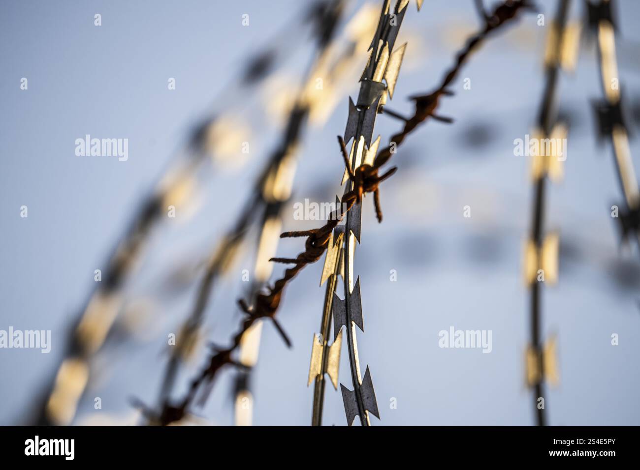 Symbolic image security, S-wire rolls, NATO wire, on a fence top ...