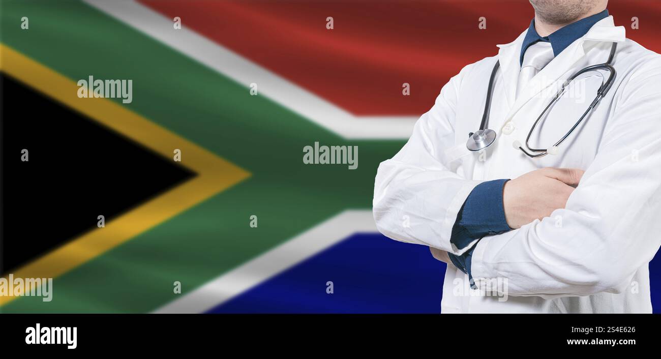 South Africa Health and Care concept. Male doctor on South Africa flag ...
