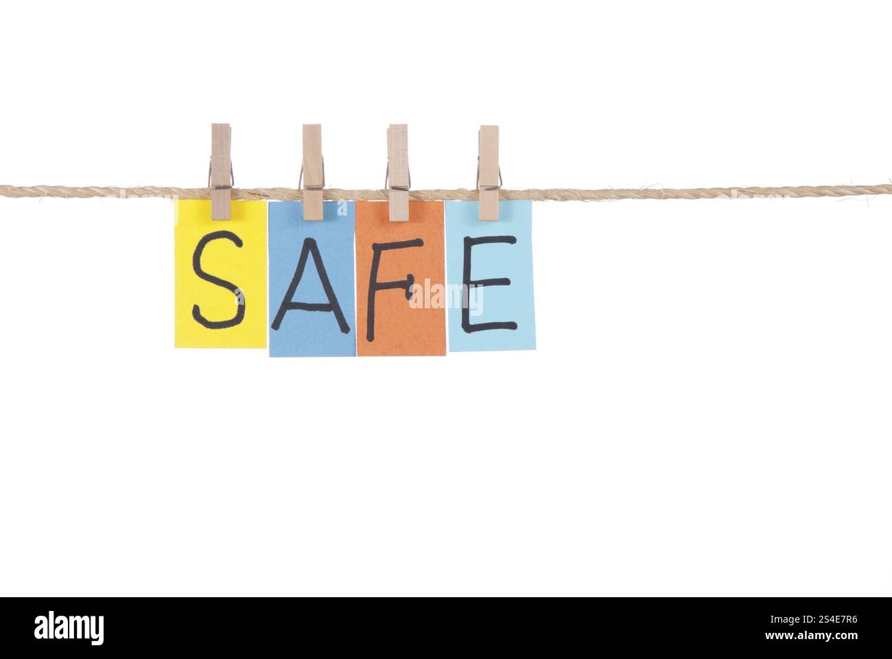 Safe, Wooden peg and colorful words series on rope Stock Photo - Alamy