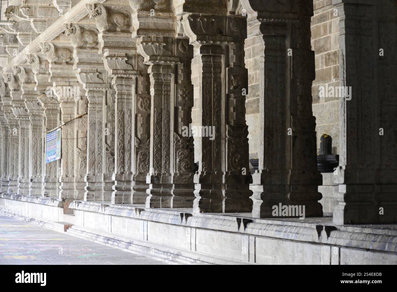 Ekambareshvara Temple, Kanchipuram, Tamil Nadu, India, A long, ornately carved stone portico in ...