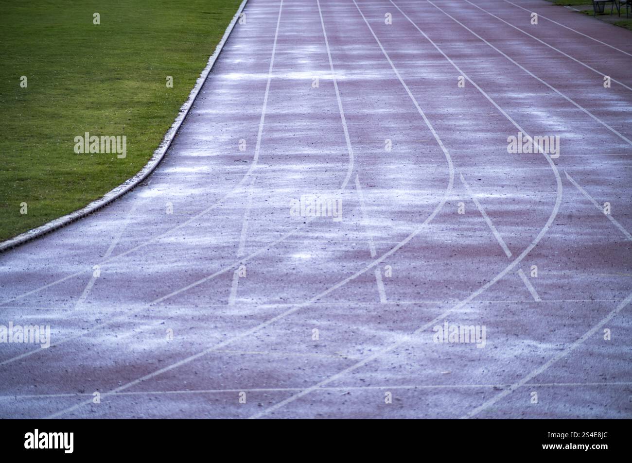 Dusty running track with white lines and green lawn next to it Stock ...